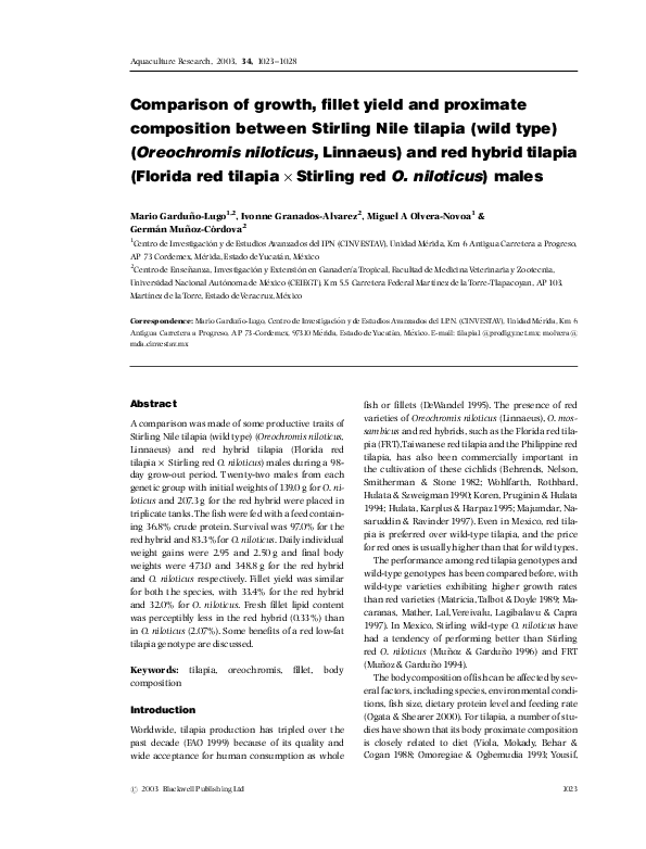 (PDF) Comparison of growth, fillet yield and proximate composition between Stirling Nile tilapia ...