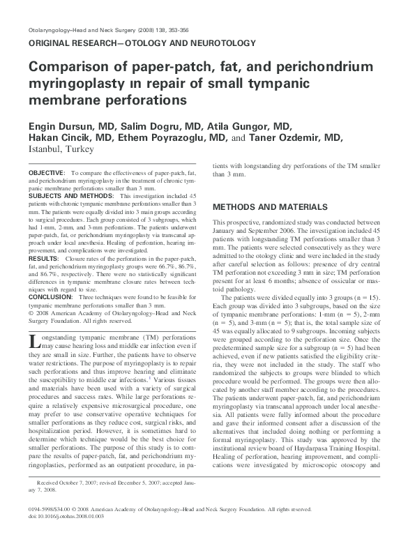 (PDF) Comparison of paper-patch, fat, and perichondrium myringoplasty ...