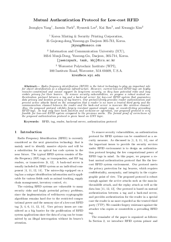 (PDF) Mutual Authentication Protocol for Low-cost RFID