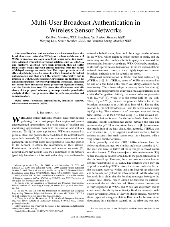(PDF) Multi-user Broadcast Authentication in Wireless Sensor Networks