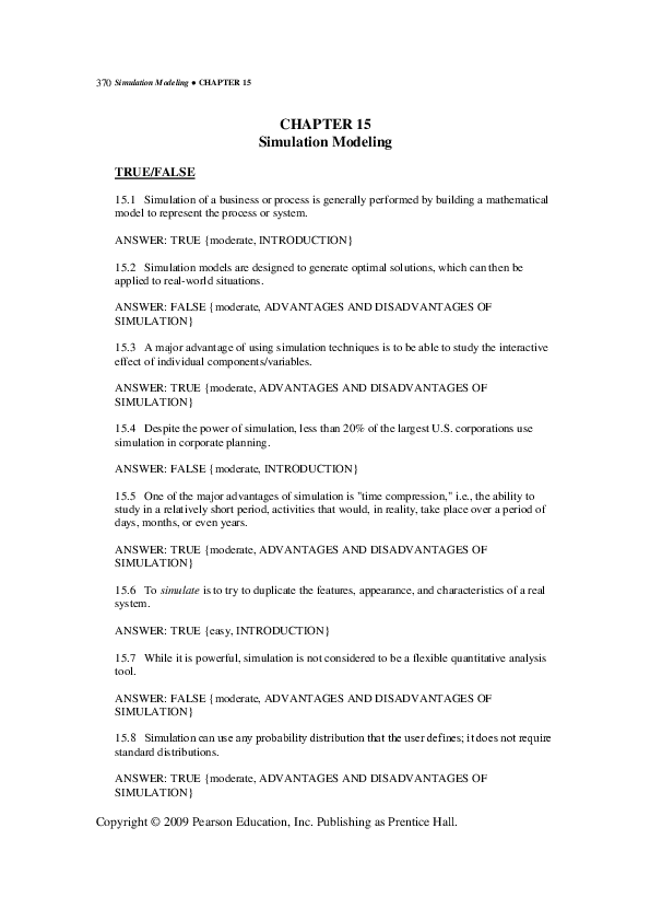 (PDF) CHAPTER 15 Simulation Modeling TRUE/FALSE