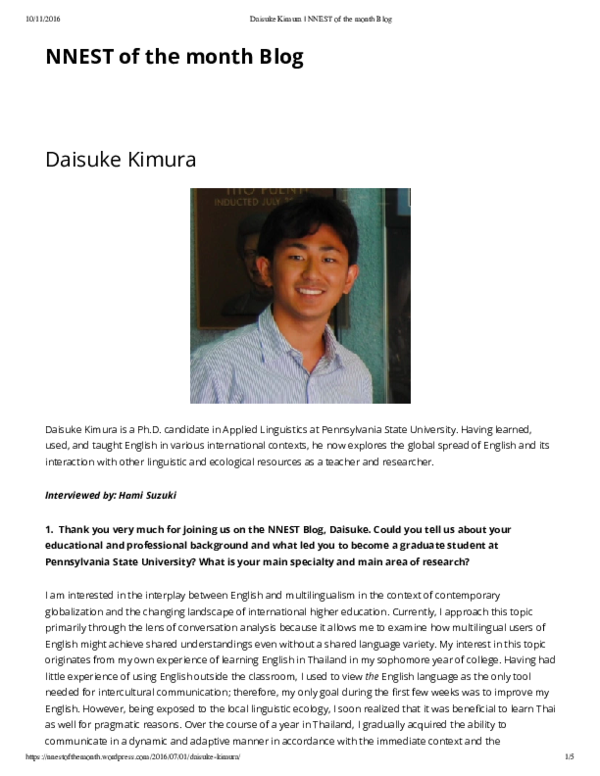(PDF) Interview by Non-Native English Speakers in TESOL (NNEST) of the ... (PDF) Interview by Non-Native English Speakers in TESOL (NNEST) of the ...