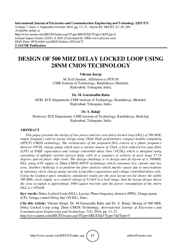 Pdf Design Of 500 Mhz Delay Locked Loop Using 28nm Cmos Technology