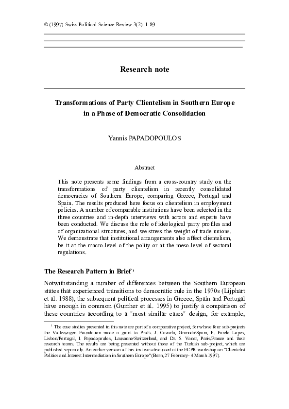 (PDF) Transformations of Party Clientelism in Southern Europe in a ...