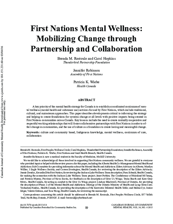 (PDF) First Nations Mental Wellness: Mobilizing Change through ...