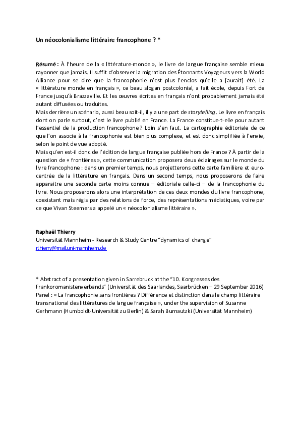 (PDF) Un néocolonialisme littéraire francophone ? | Raphaël Thierry ...