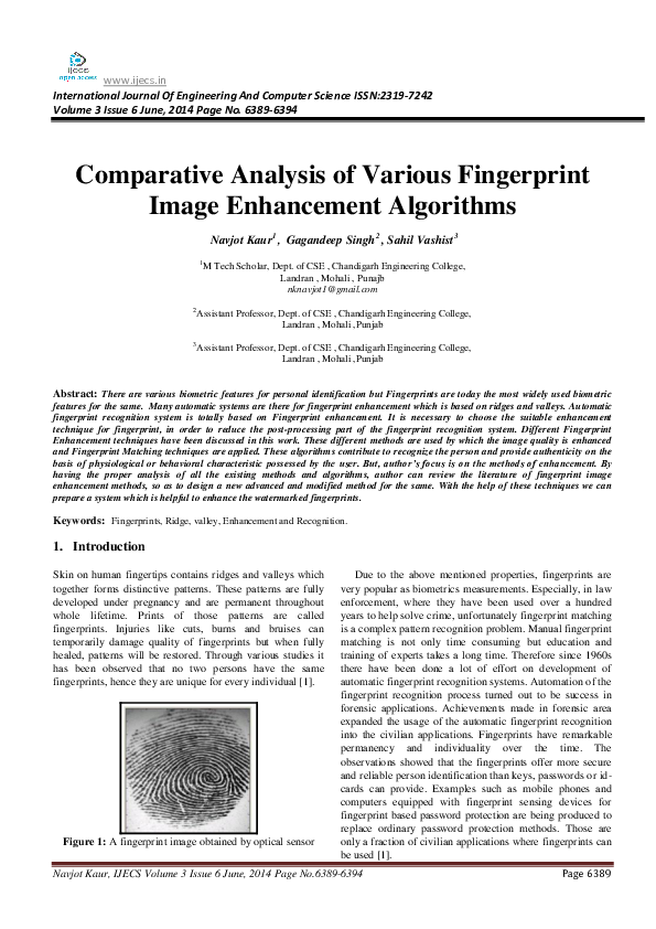 (PDF) Comparative Analysis of Various Fingerprint Image Enhancement Algorithms