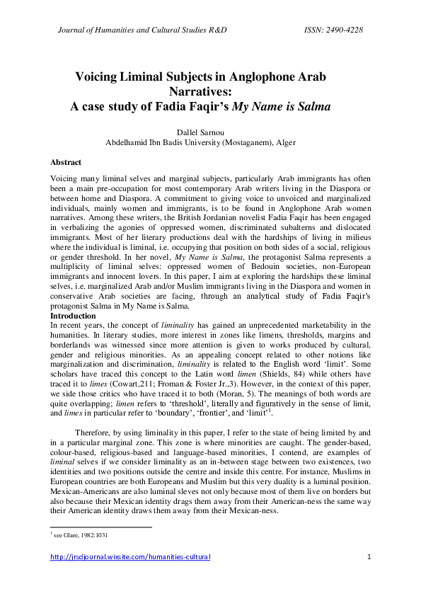 (PDF) Voicing Liminal Subjects in Anglophone Arab Narratives: A case study of Fadia Faqir's My ...