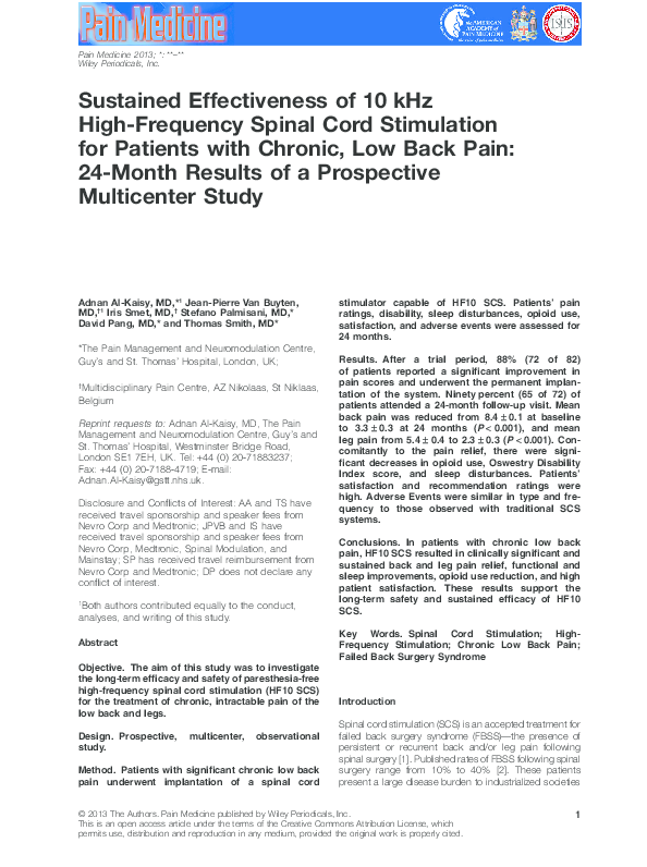 (PDF) Sustained Effectiveness of 10 kHz High-Frequency Spinal Cord ...