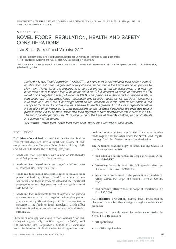 (PDF) Novel Foods: Regulation, Health and Safety Considerations