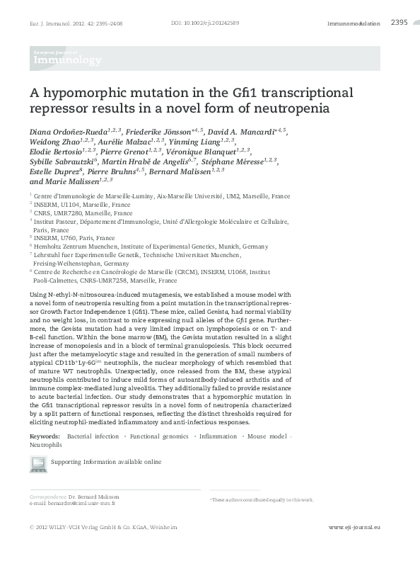 (PDF) A hypomorphic mutation in the Gfi1 transcriptional repressor ...