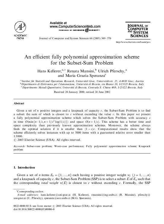 Pdf An Efficient Fully Polynomial Approximation Scheme For The Subset Sum Problem