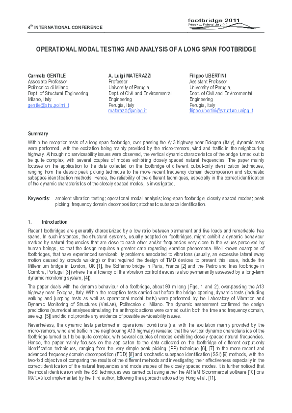 Pdf Operational Modal Testing And Analysis Of A Long Span Footbridge 