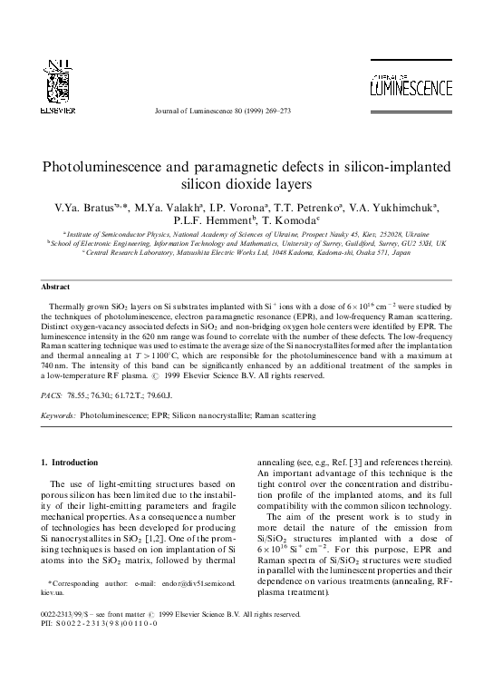 (PDF) Photoluminescence and paramagnetic defects in silicon-implanted silicon dioxide layers | M ...