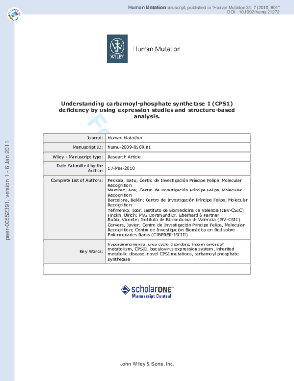 (PDF) Understanding carbamoyl-phosphate synthetase I (CPS1) deficiency ...