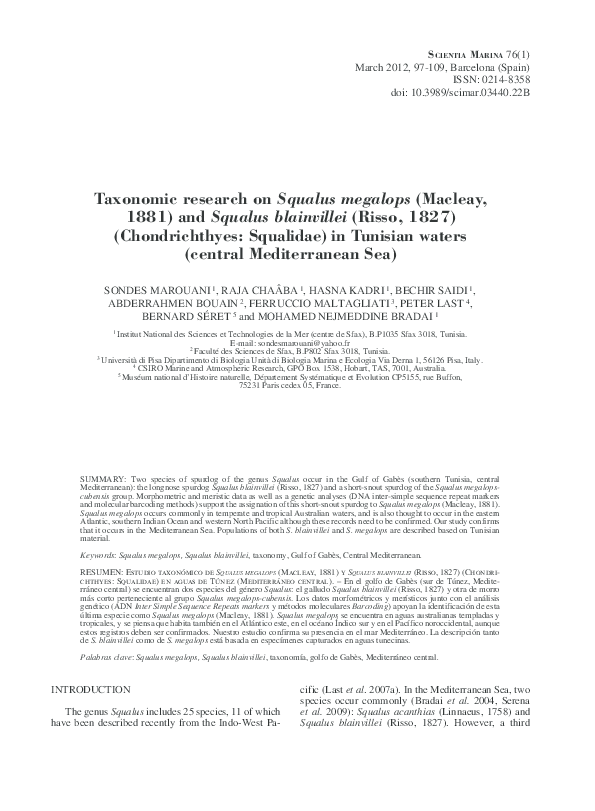 (PDF) Taxonomic research on Squalus megalops (Macleay, 1881) and ...