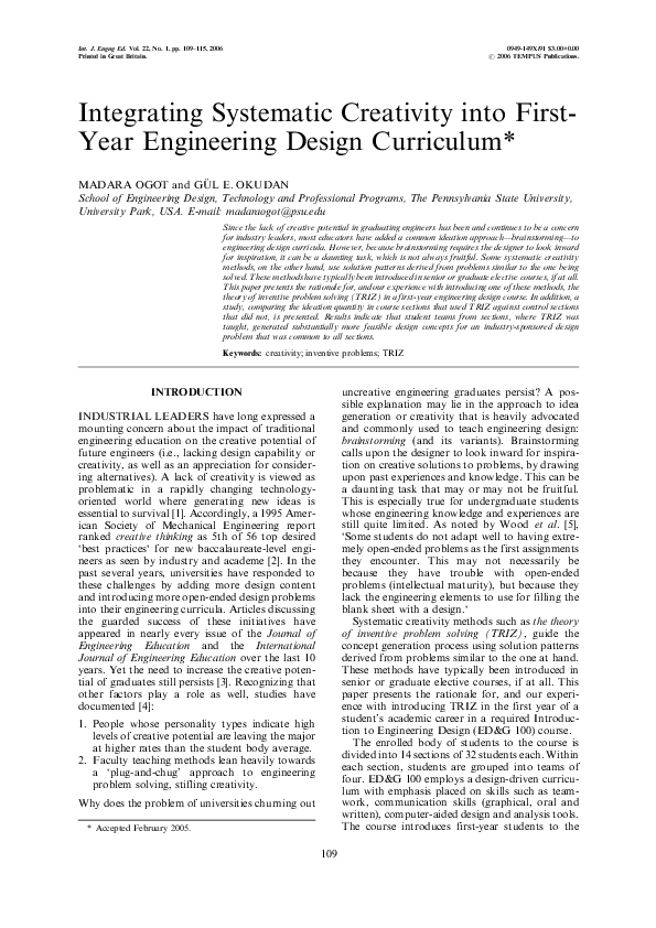 (PDF) Integrating Systematic Creativity into First-Year Engineering Design Curriculum