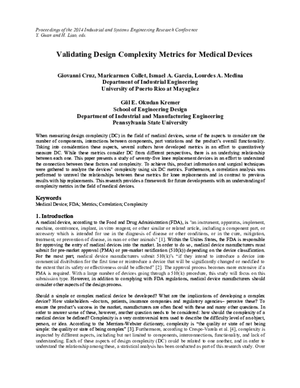 (PDF) Validating Design Complexity Metrics for Medical Devices