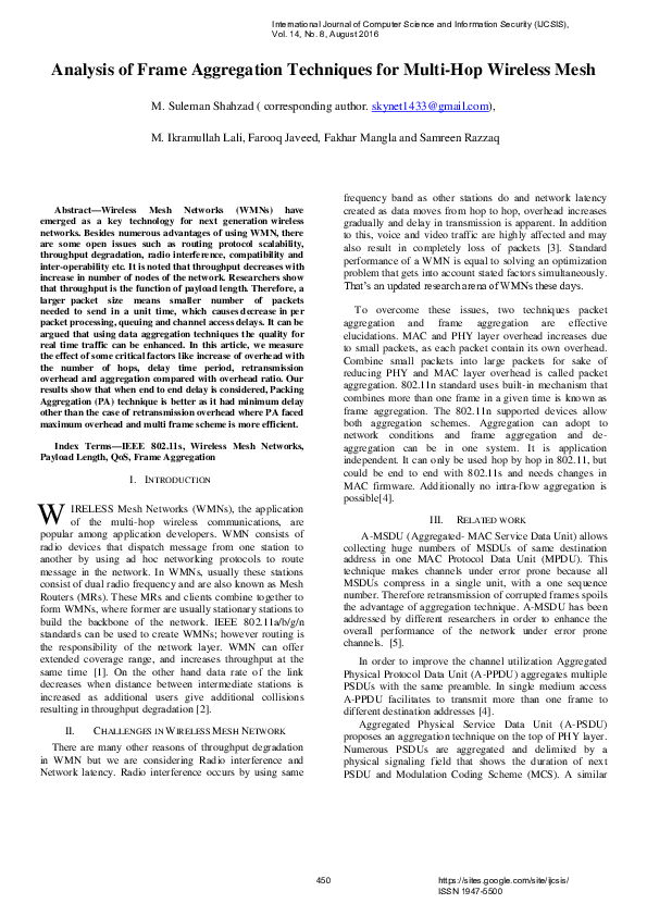(PDF) Analysis of Frame Aggregation Techniques for Multi-Hop Wireless Mesh