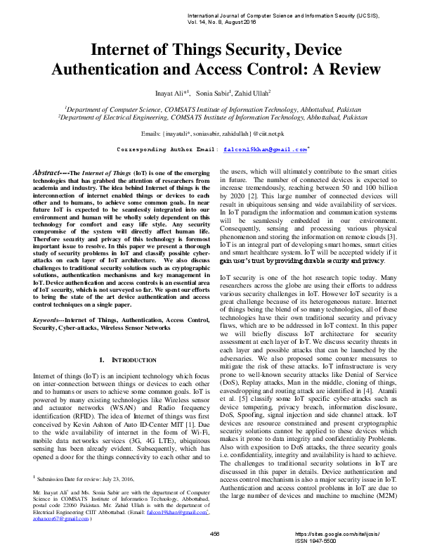 Pdf Internet Of Things Security Device Authentication And Access