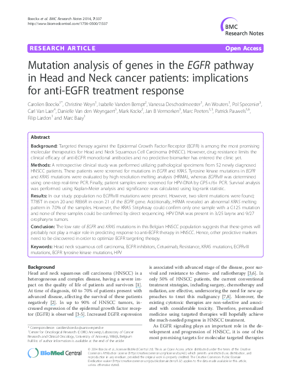 (PDF) Mutation analysis of genes in the EGFR pathway in Head and Neck cancer patients ...