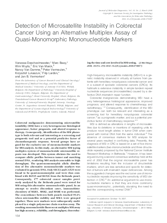 Pdf Detection Of Microsatellite Instability In Colorectal Cancer
