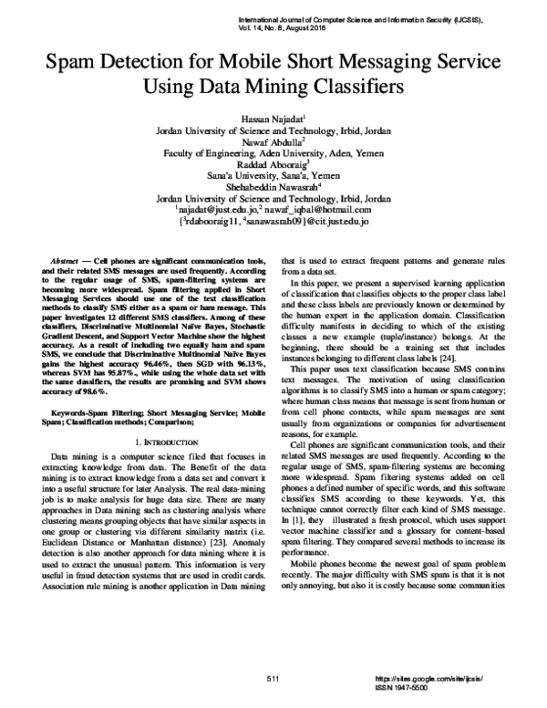 Pdf Spam Detection For Mobile Short Messaging Service Using Data
