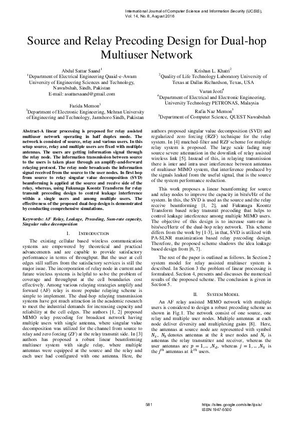 Pdf Source And Relay Precoding Design For Dual Hop Multiuser Network