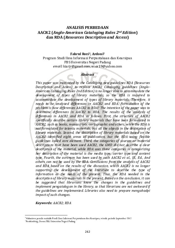 (PDF) Analisis Perbedaan AACR2 (Anglo-American Cataloging Rules 2nd ...