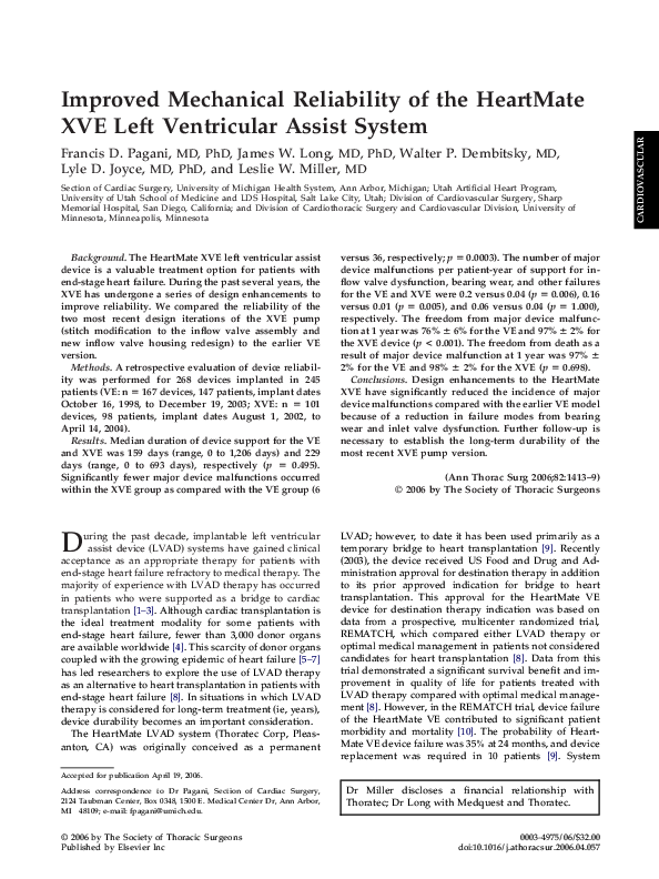 (PDF) Improved Mechanical Reliability of the HeartMate XVE Left ...