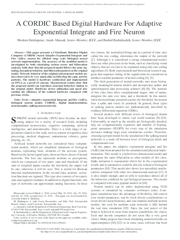 (PDF) A CORDIC Based Digital Hardware For Adaptive Exponential Integrate and Fire Neuron