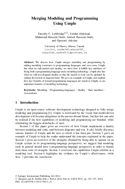 (PDF) Merging Modeling and Programming Using Umple