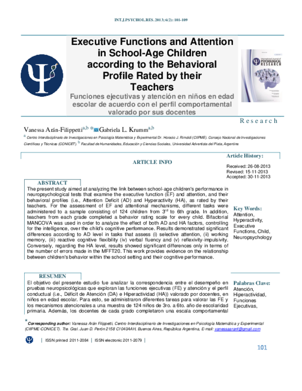 (PDF) Executive Functions and Attention in School-Age Children according to the Behavioral ...