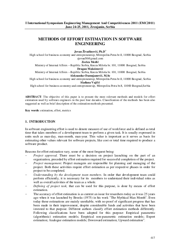 Pdf Methods Of Effort Estimation In Software Engineering