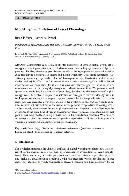(PDF) Modeling the Evolution of Insect Phenology
