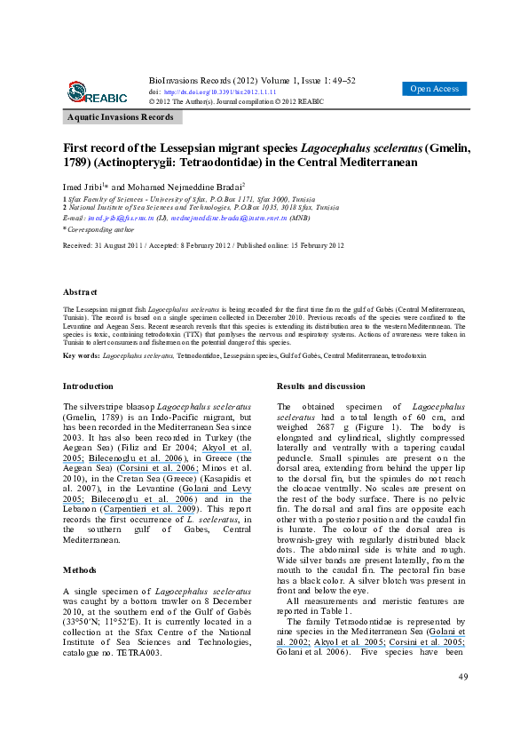 (PDF) First record of the Lessepsian migrant species Lagocephalus ...