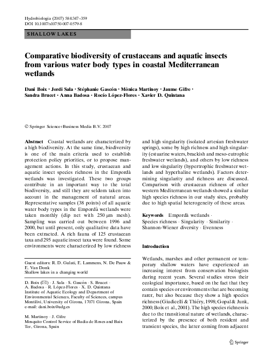 (PDF) Comparative biodiversity of crustaceans and aquatic insects from ...