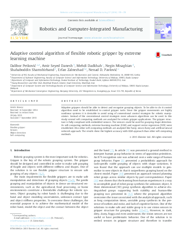 Pdf Adaptive Control Algorithm Of Flexible Robotic Gripper By Extreme Learning Machine Negin
