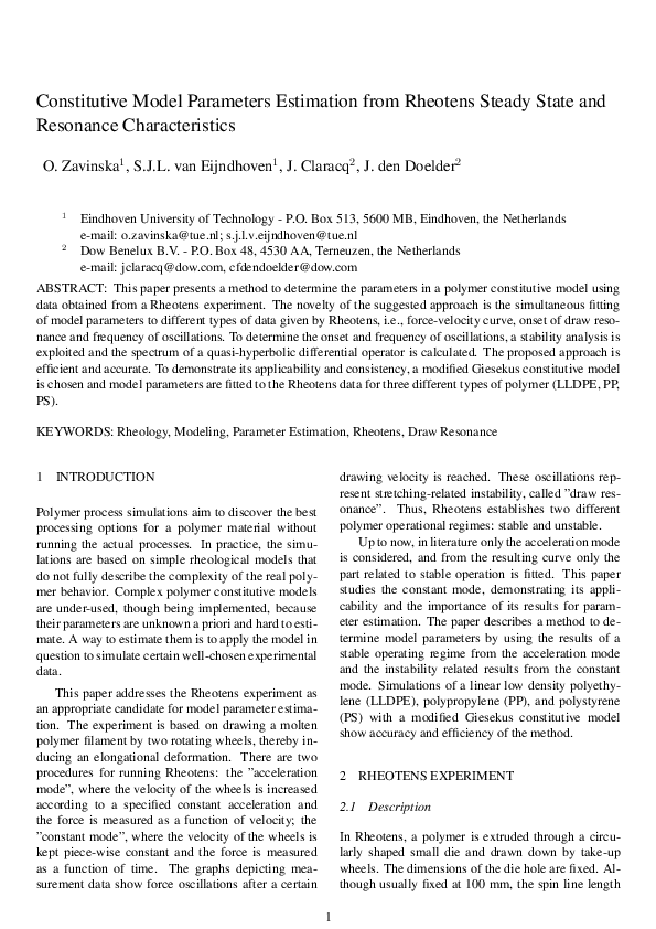 (PDF) Constitutive Model Parameters Estimation from Rheotens Steady State and Resonance ...