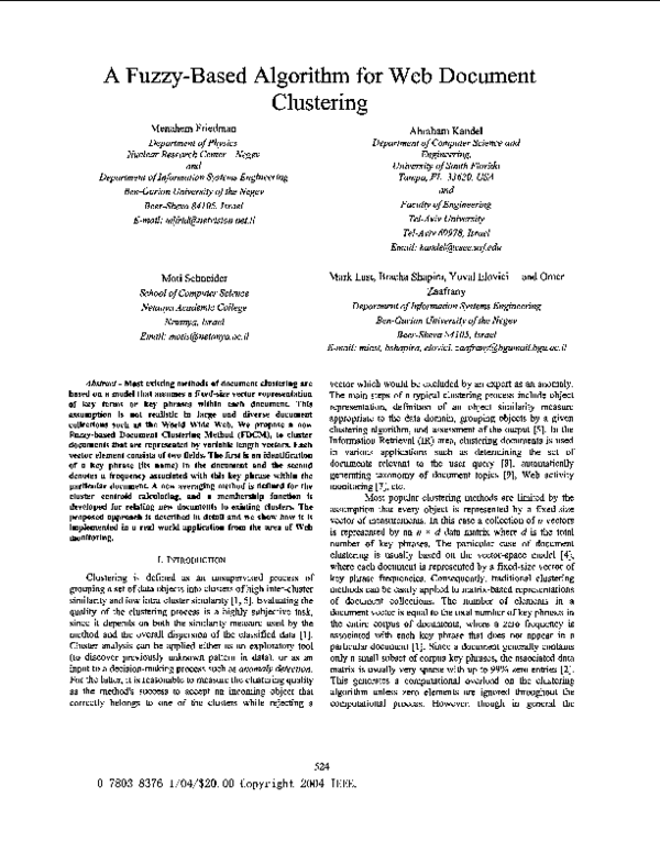 Pdf A Fuzzy Based Algorithm For Web Document Clustering Moti Schneider