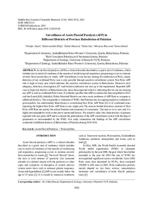 (PDF) Surveillance of Acute Flaccid Paralysis (AFP) in Different ...