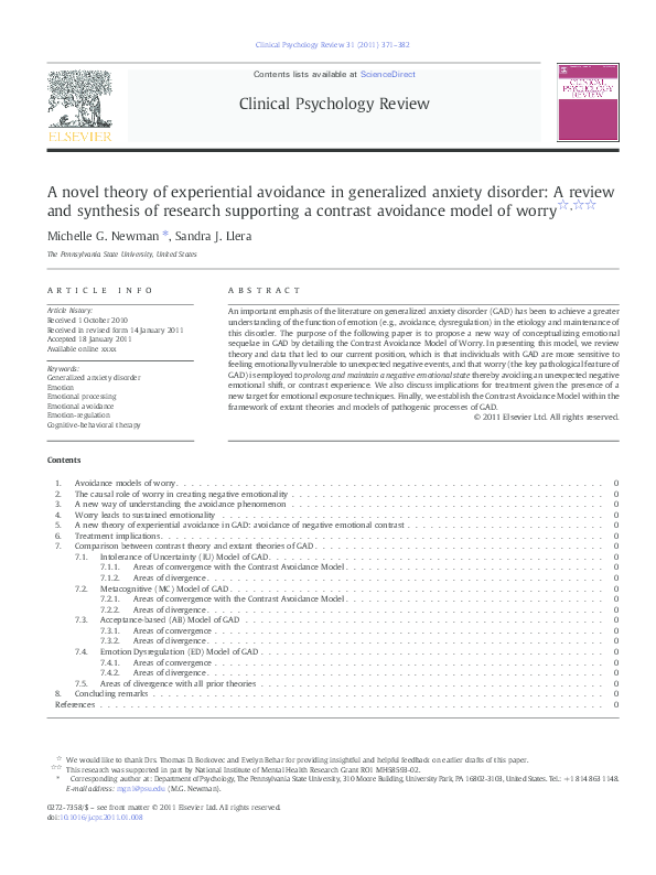(PDF) A novel theory of experiential avoidance in generalized anxiety ...