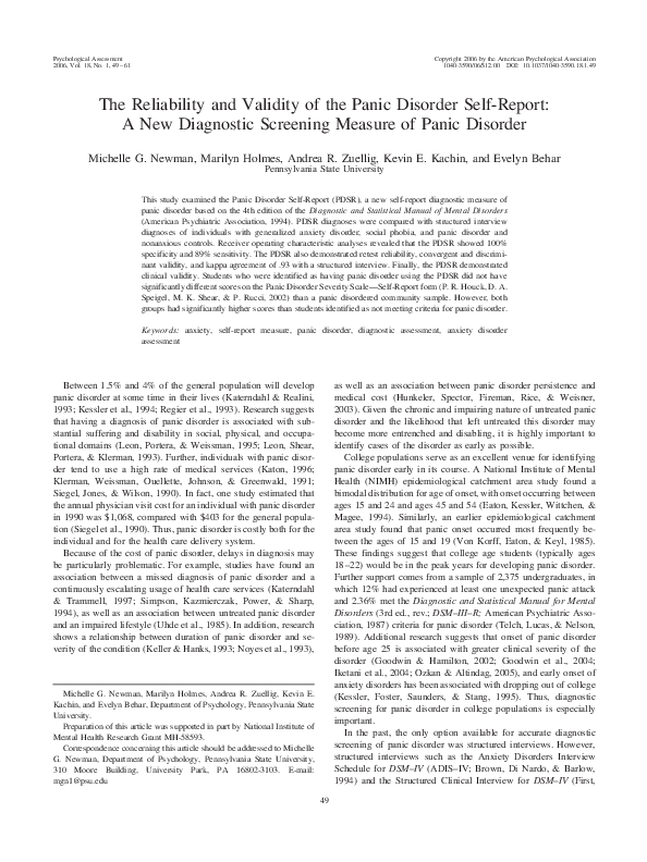 (PDF) The Reliability and Validity of the Panic Disorder Self-Report: A ...