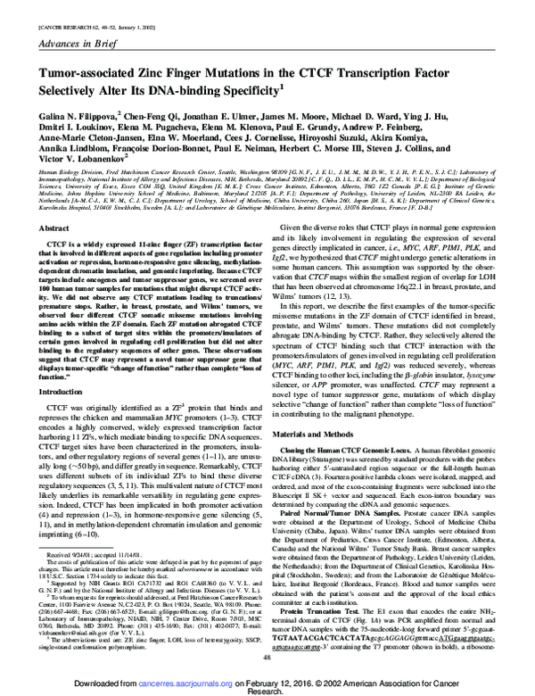(PDF) Tumor-associated zinc finger mutations in the CTCF transcription ...