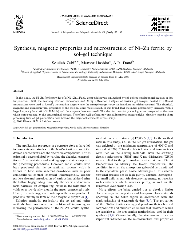 (PDF) Synthesis, magnetic properties and microstructure of Ni–Zn ferrite by sol–gel technique