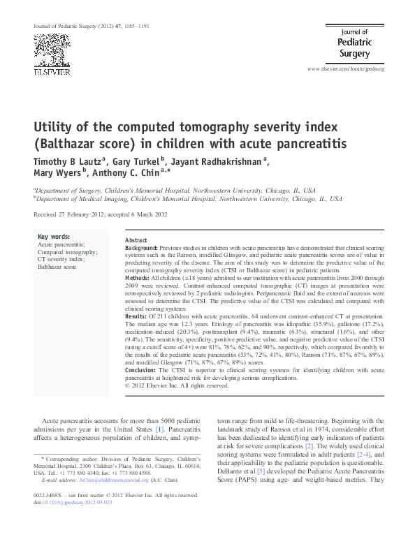 (PDF) Utility of the computed tomography severity index (Balthazar ...