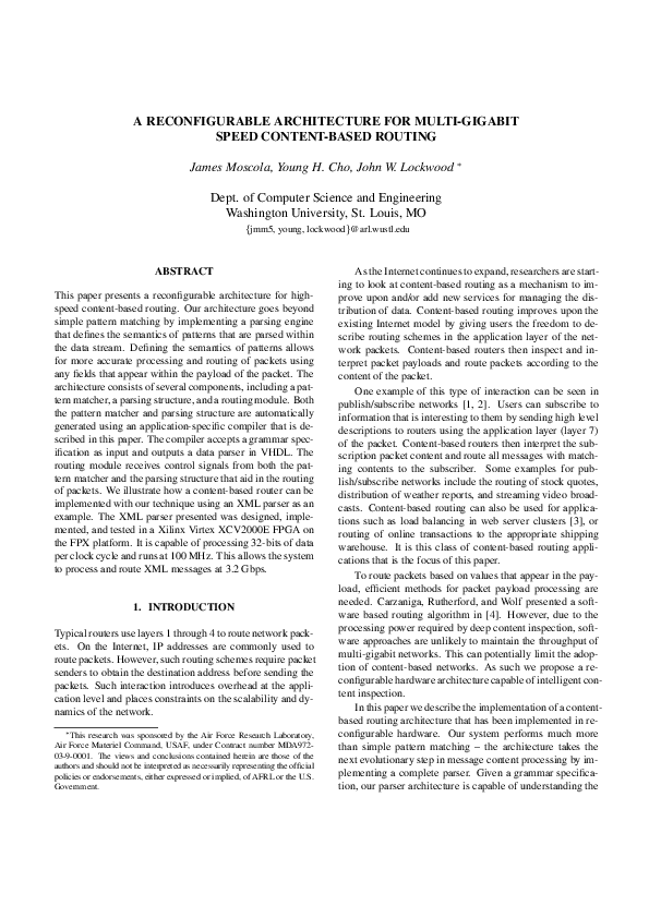 Pdf A Reconfigurable Architecture For Multi Gigabit Speed Content Based Routing