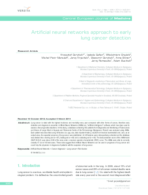 (PDF) Artificial neural networks approach to early lung cancer detection