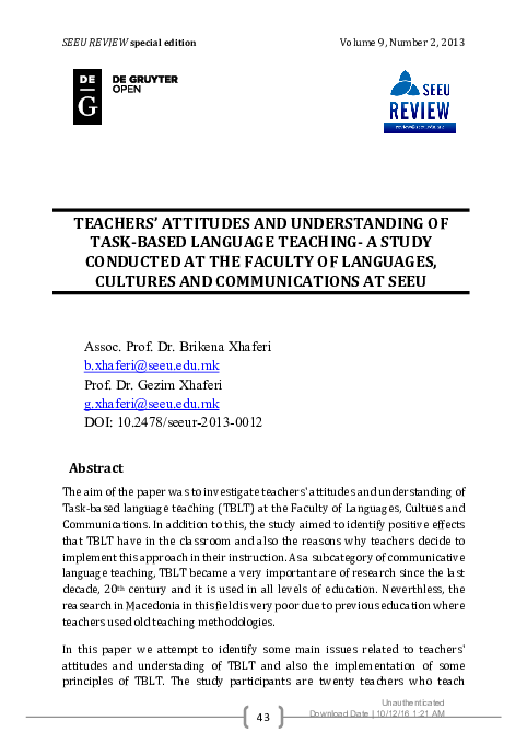 (PDF) Teachers’ Attitudes and Understanding of Task-Based Language ...