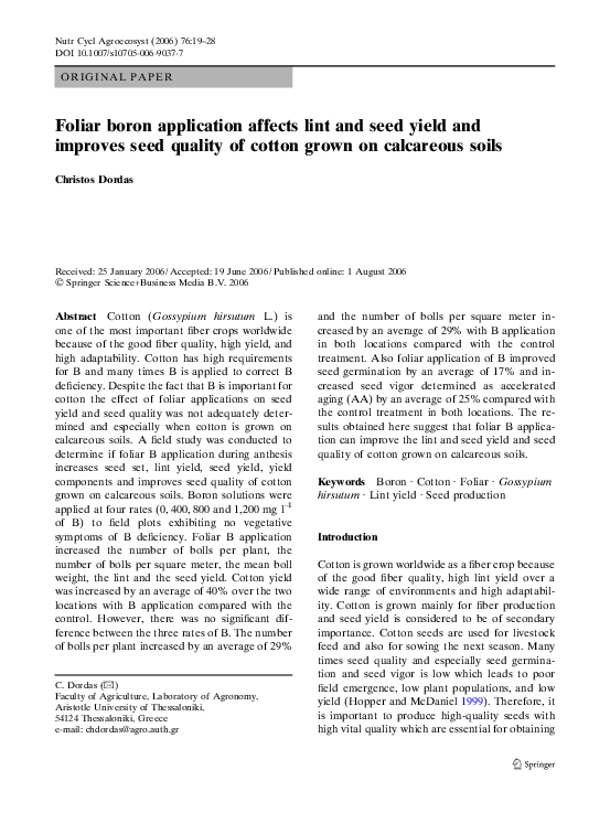 Pdf Foliar Boron Application Affects Lint And Seed Yield And Improves